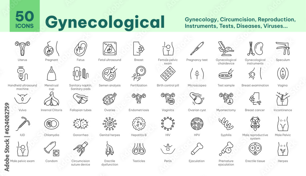 Icons gynecological, circumcision, reproduction, instruments, tests ...
