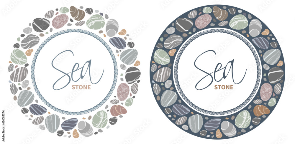 Set of circle frame with beach pebbles or sea stones in various shapes ...