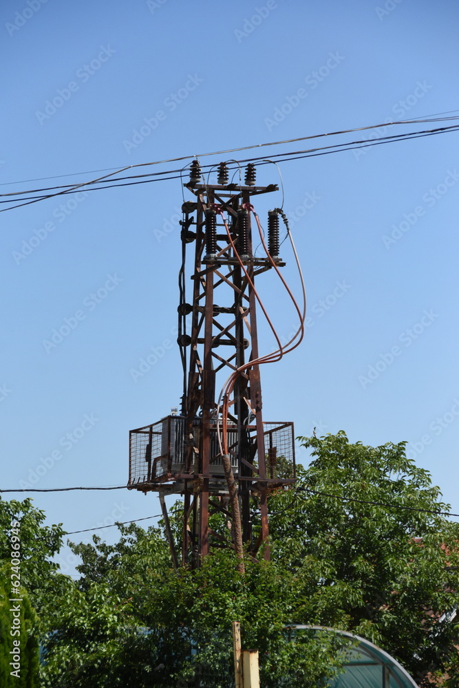 Old Abandoned rusty metal Powerline Pole Electric station tower with ...
