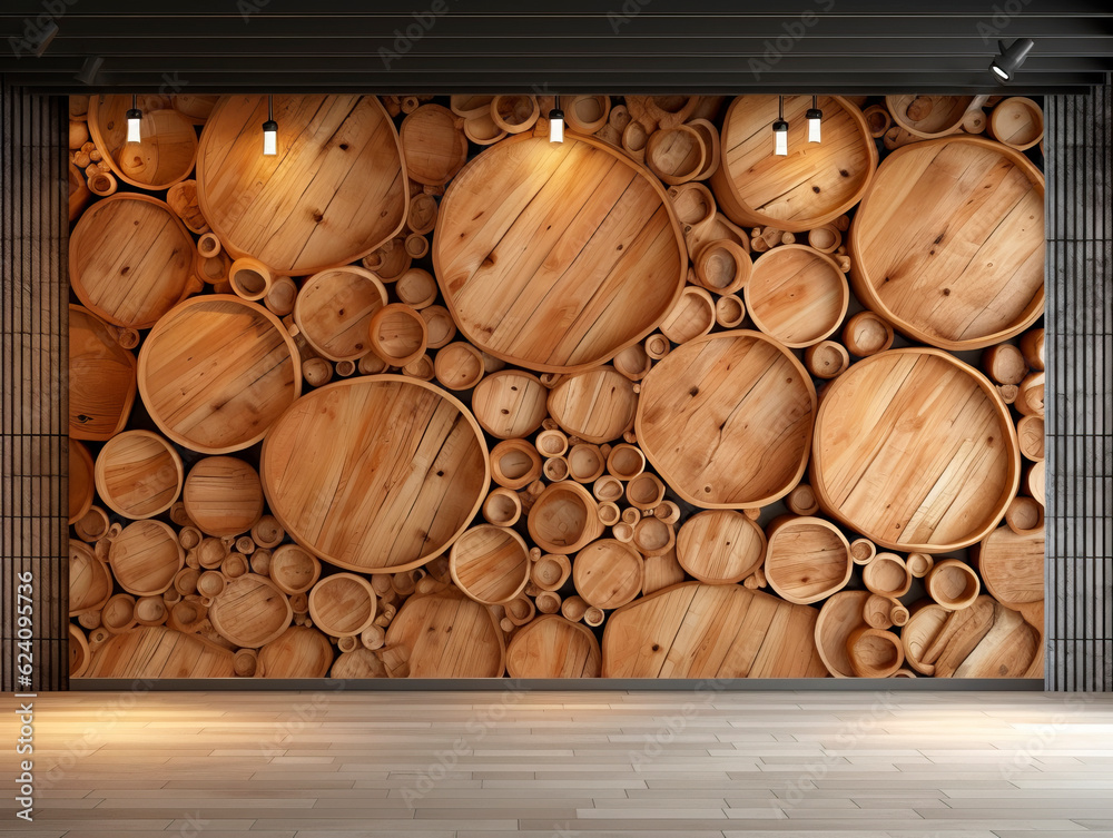 Circle wooden wall design on empty room interior background. Modern ...