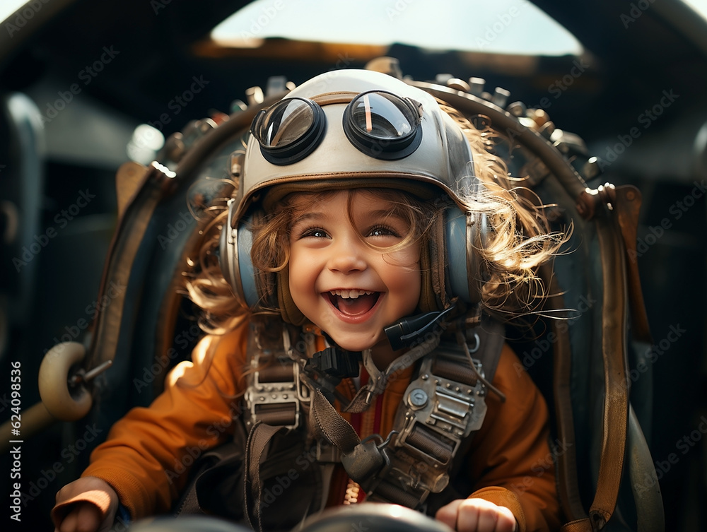 Little boy is playing the plane. Happy and funny child imagines himself ...