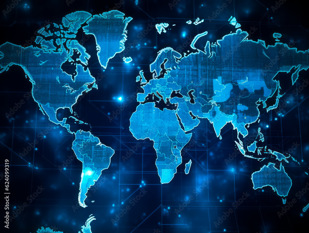 Digital world map background, earth network. Worldmap in neon light ...
