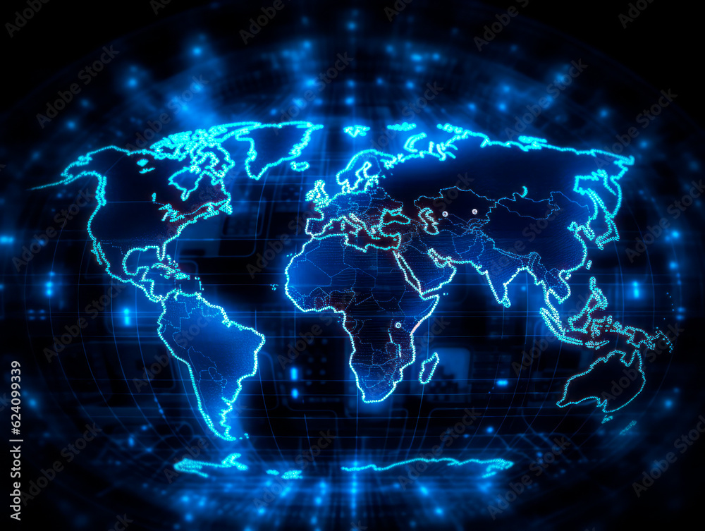 Digital world map background, earth network. Worldmap in neon light ...