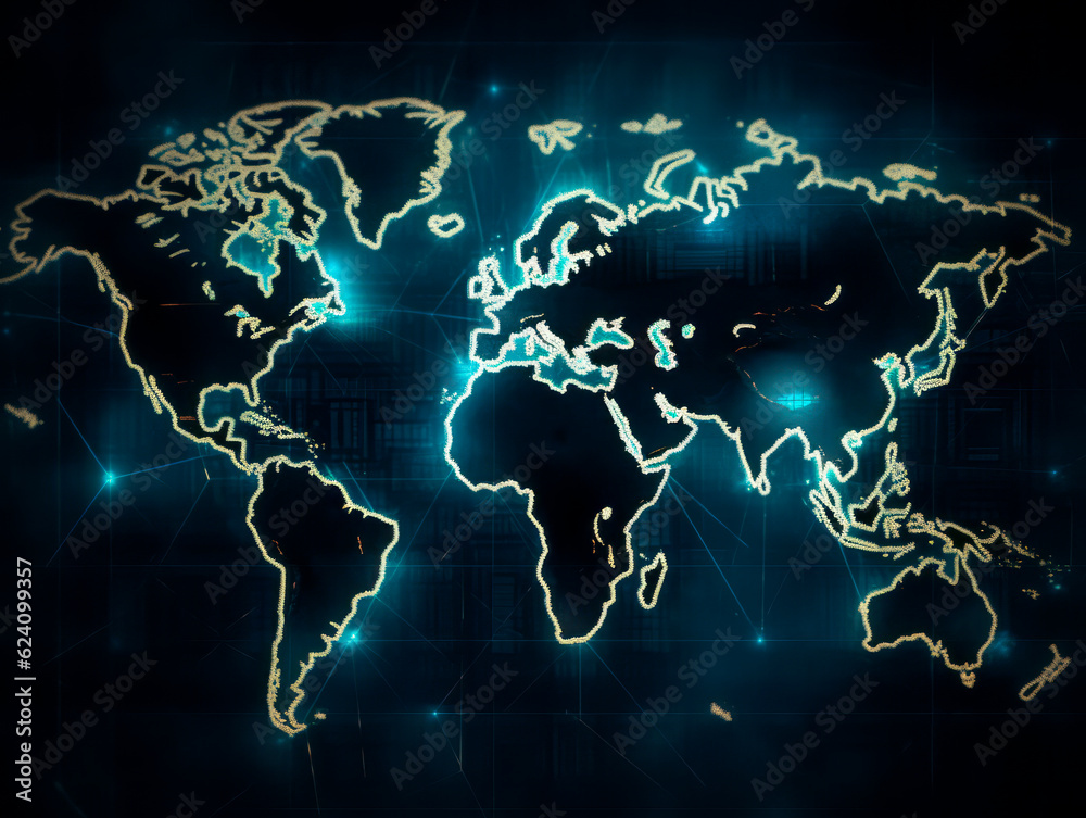 Digital world map background, earth network. Worldmap in neon light ...