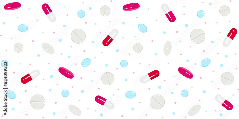 Blue, red and white medicines and vitamins on a white background ...