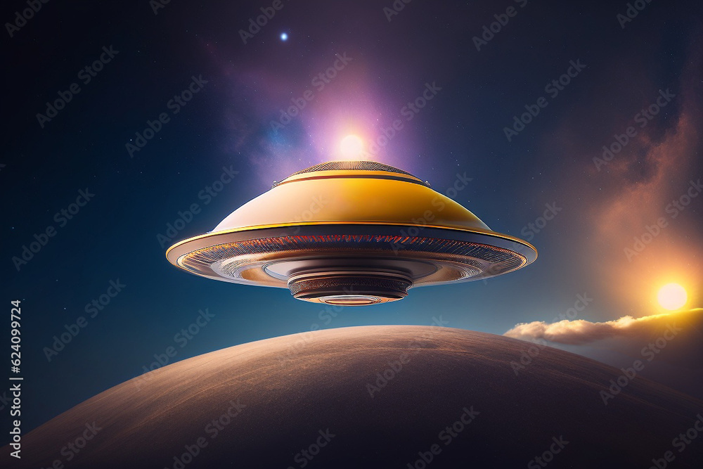 UFO flying over planet Earth, mountain. starry night sky background ...