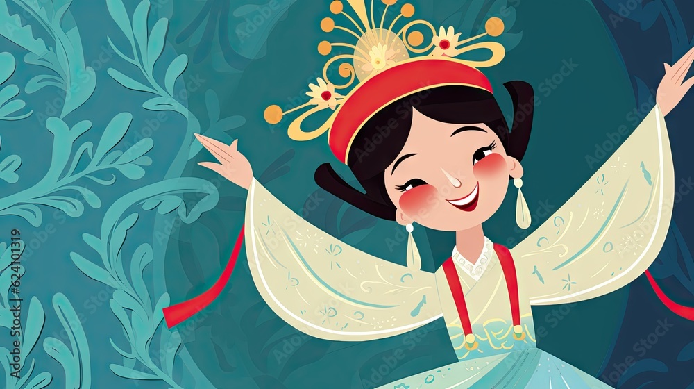 Happy Asian princess cartoon character fairytale in 2D flat ...