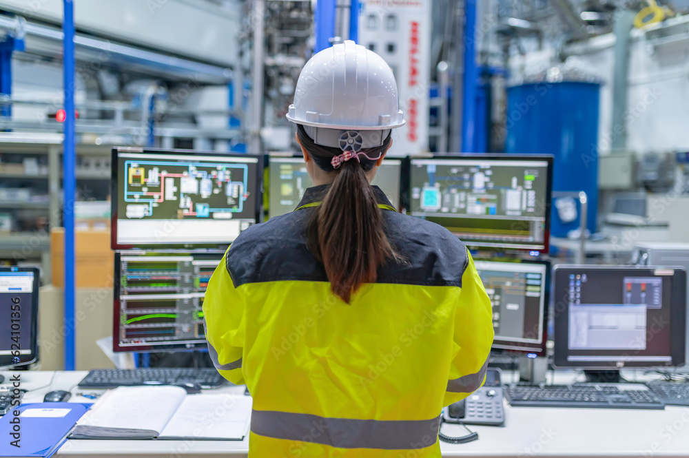 Inside the large Industry Factory Female Computer Engineer Works on ...