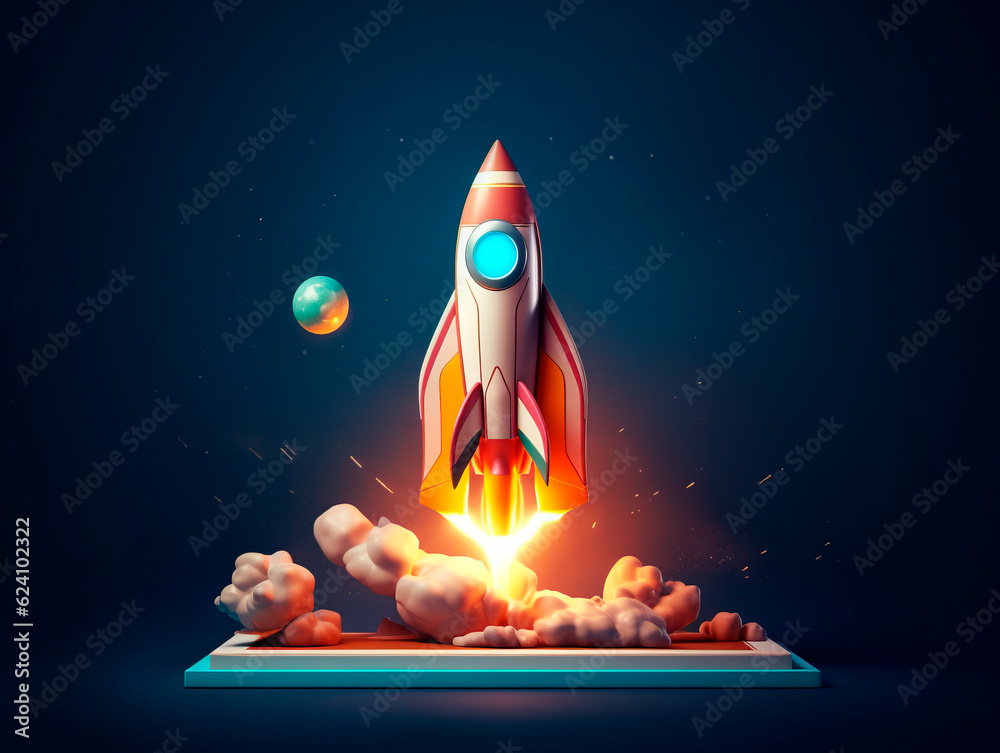 Spaceship launch from digital tablet. Rocket starts from mobile device ...