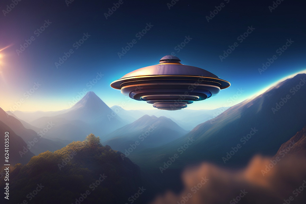 UFO flying over planet Earth, mountain. starry night sky background ...