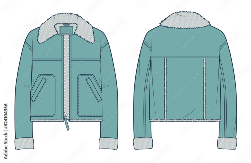 Unisex Jacket with Faux Fur technical fashion illustration. Coat ...