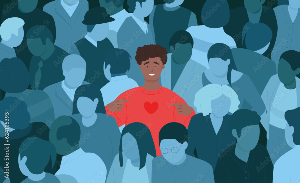 Happy man in crowd vector illustration. Cartoon isolated only one guy ...