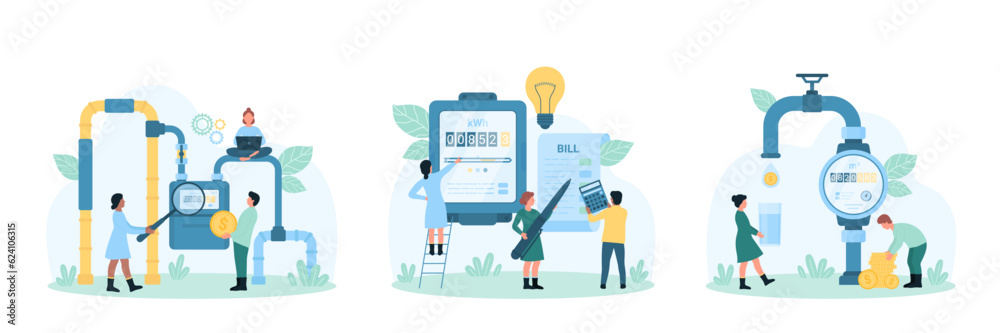 Payment of utility bills set vector illustration. Cartoon tiny people ...