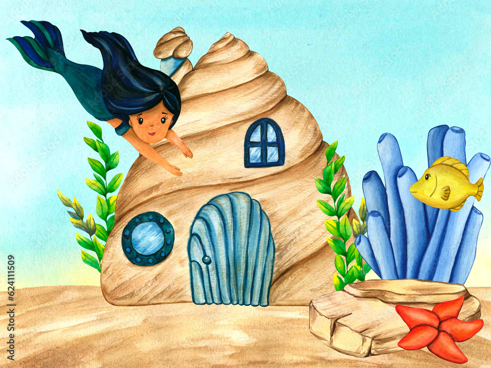 Watercolor illustrations shell house, cute yellow tang fish, starfish ...