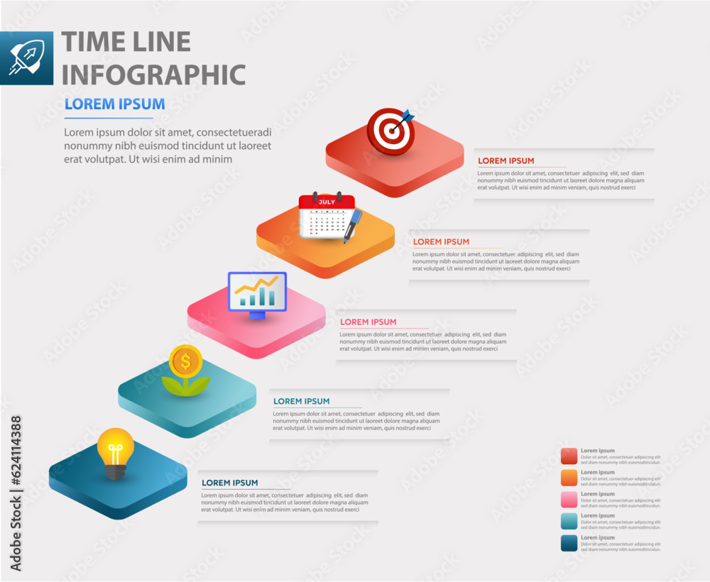 3D Business process chart infographics with 5 step segments. Isometric ...