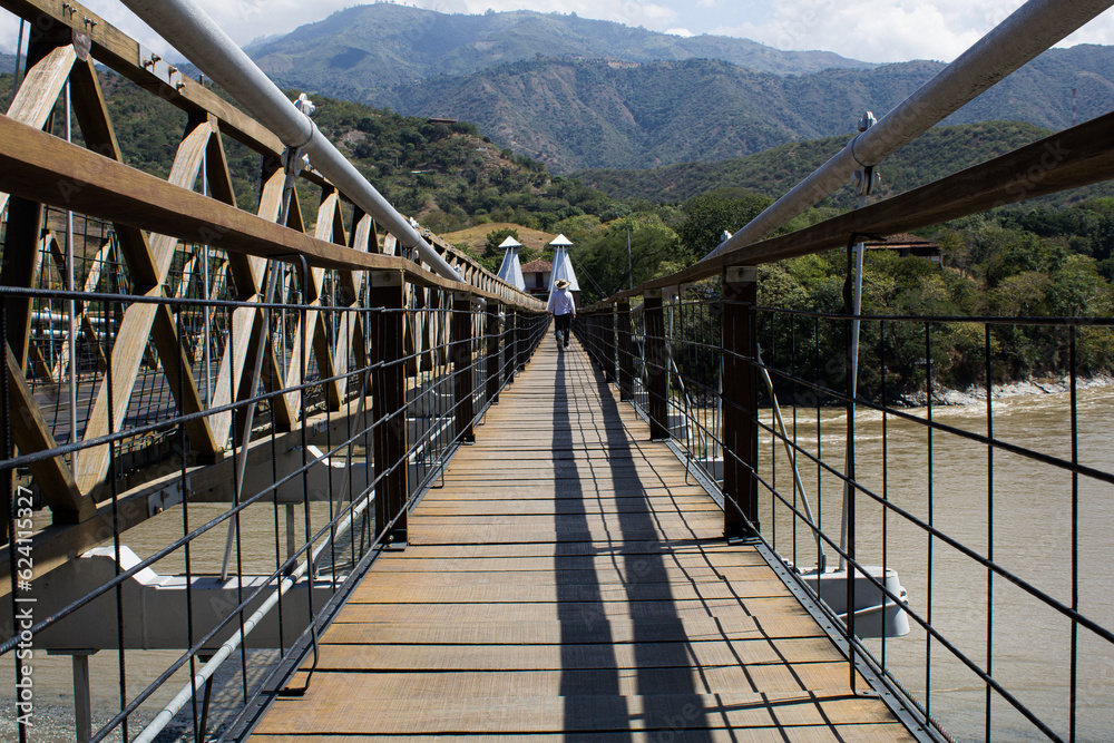 Linear perspective view of a white cable-stayed suspension bridge in ...