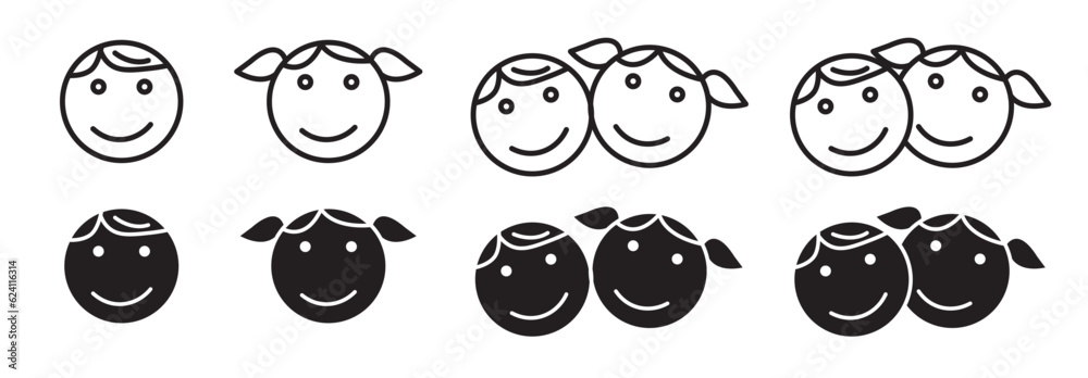 kids icon set. boy, girl, and twins happy children's face vector ...