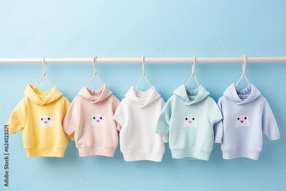 Kids hooded sweatshirts in a pastel color palette hang on a rack in a ...
