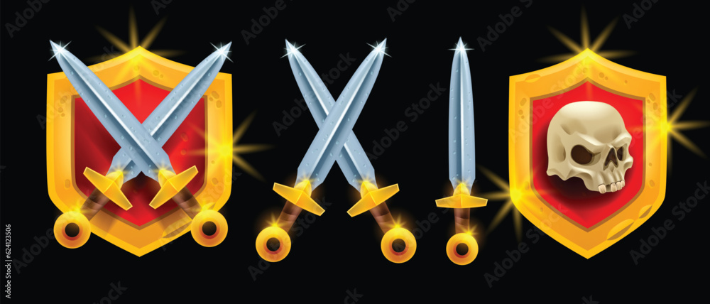 Vecteur Stock Game shield UI icon vector set, crossed iron medieval ...