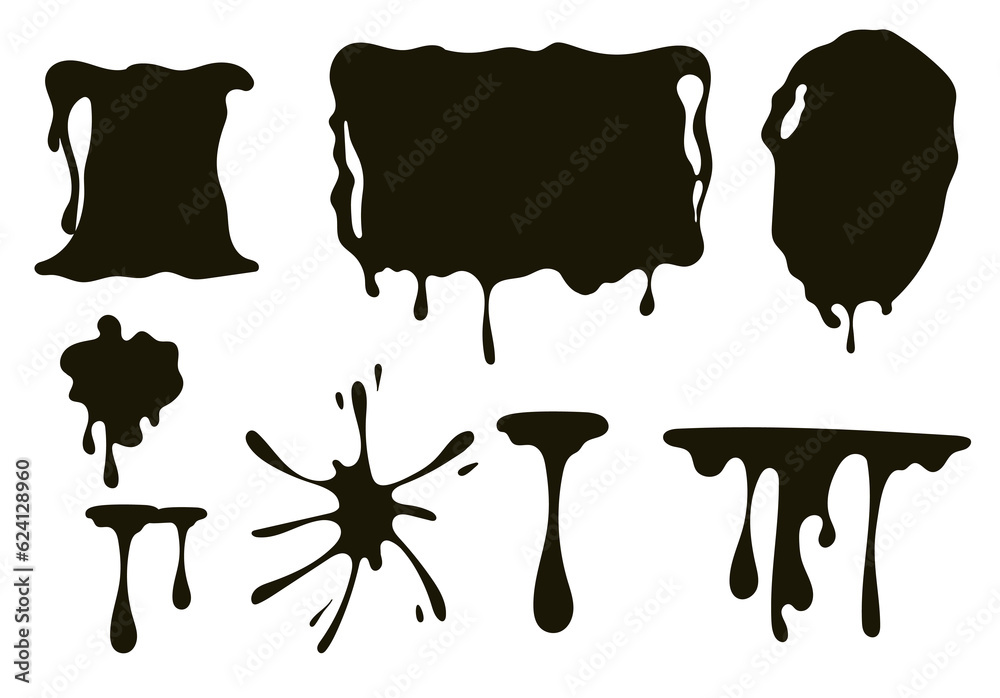 Drip black paint melt ink oil liquid isolated set. Vector graphic ...