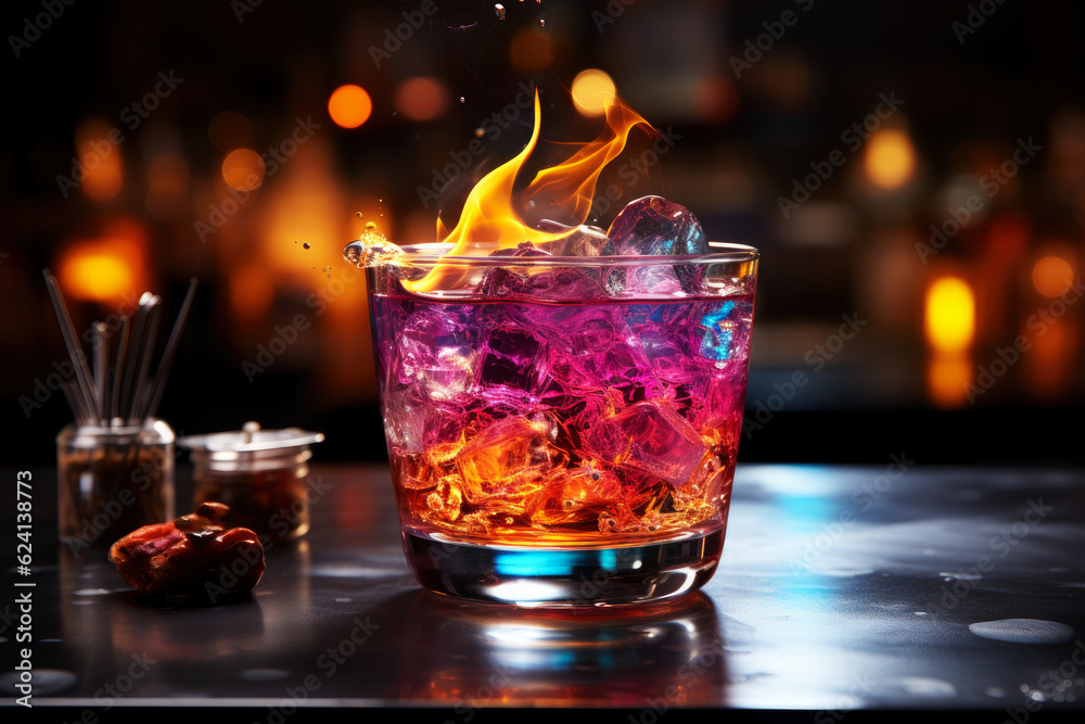 Multicolor alcoholic cocktail with fire and smoke in a bar, nightclub ...