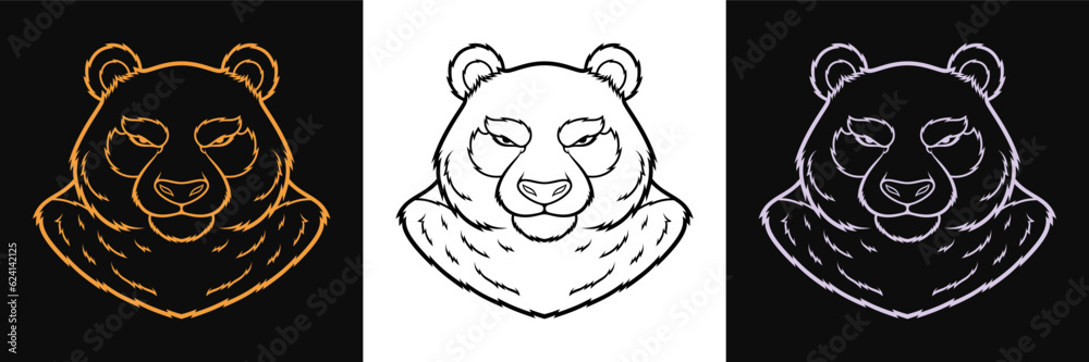 Outline panda logo set in golden, black and silver colors. Vintage ...