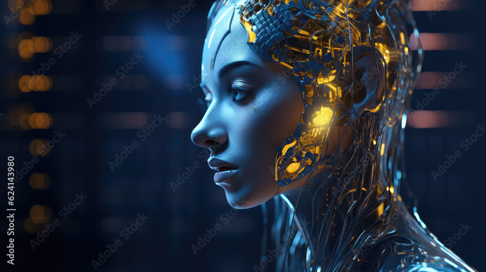 Side view of a humanoid robotic head blue and yellow vibrant neon ...