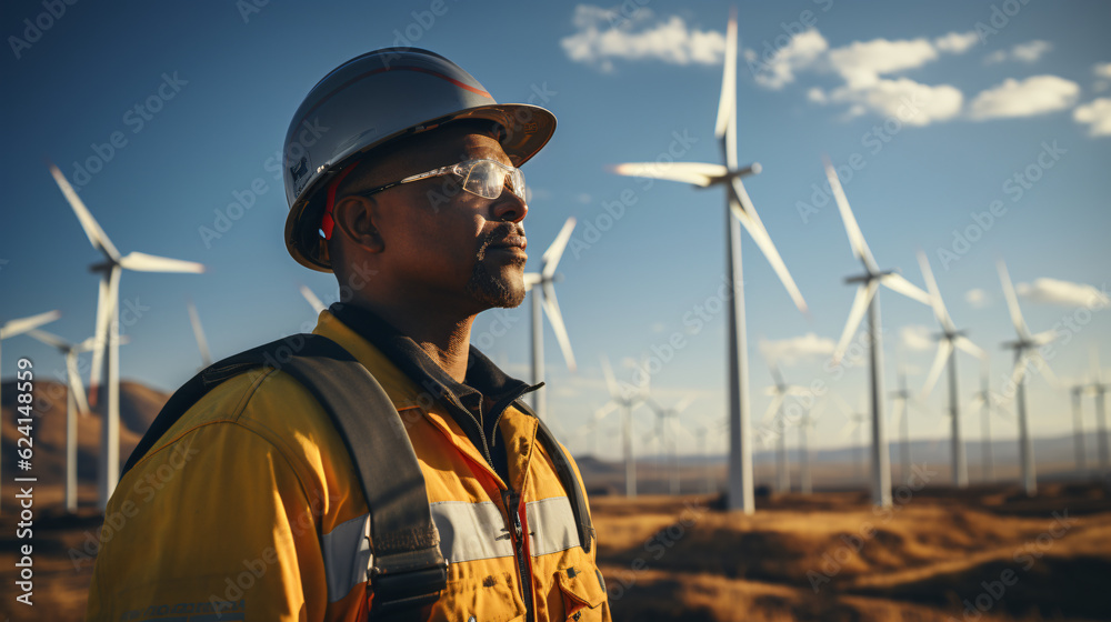 full body view of an Engineer working at alternativ energy on a onshore ...