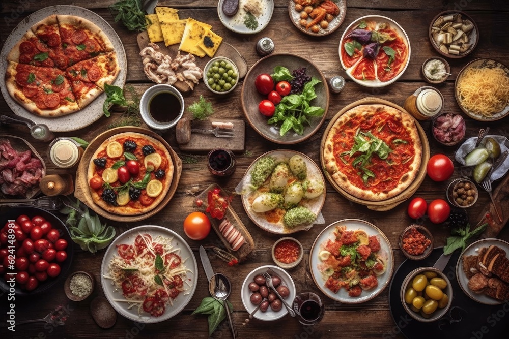 Full table of italian meals on plates Pizza, pasta, ravioli, carpaccio ...