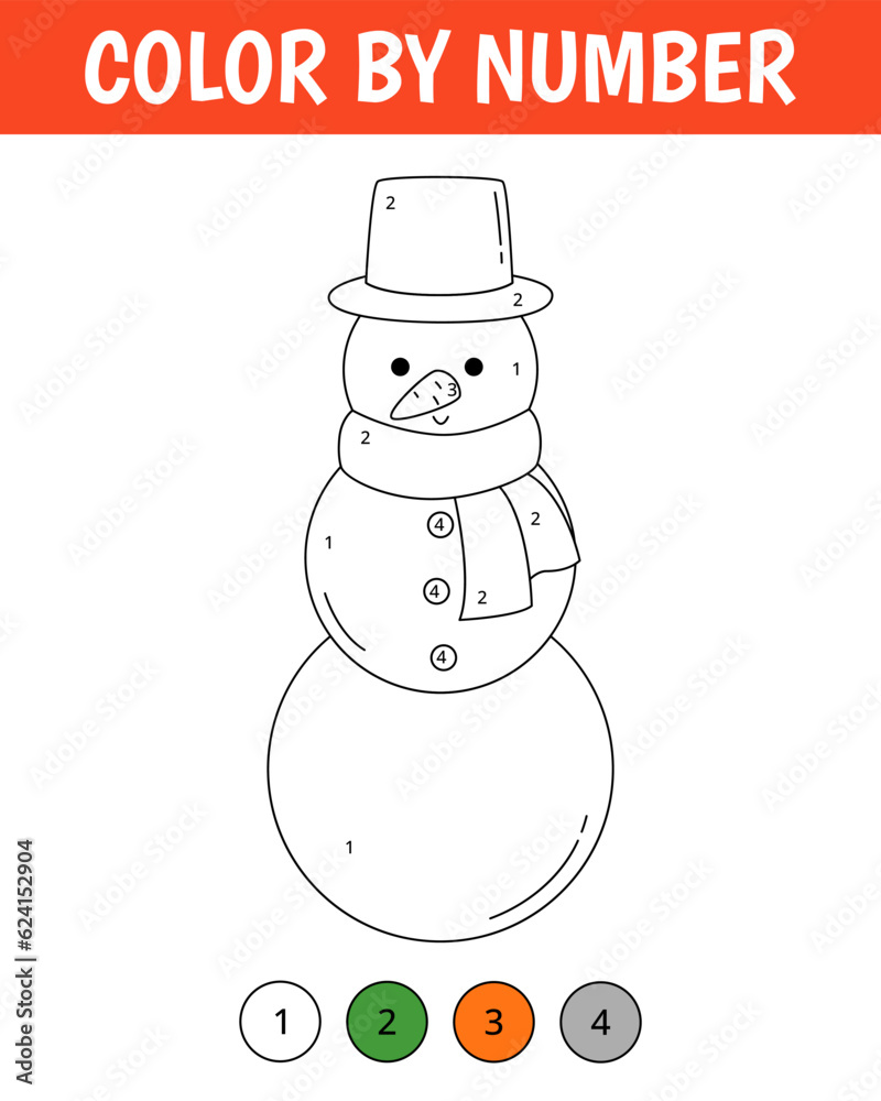 Color by number game for kids. Cute snowman. Christmas coloring page ...