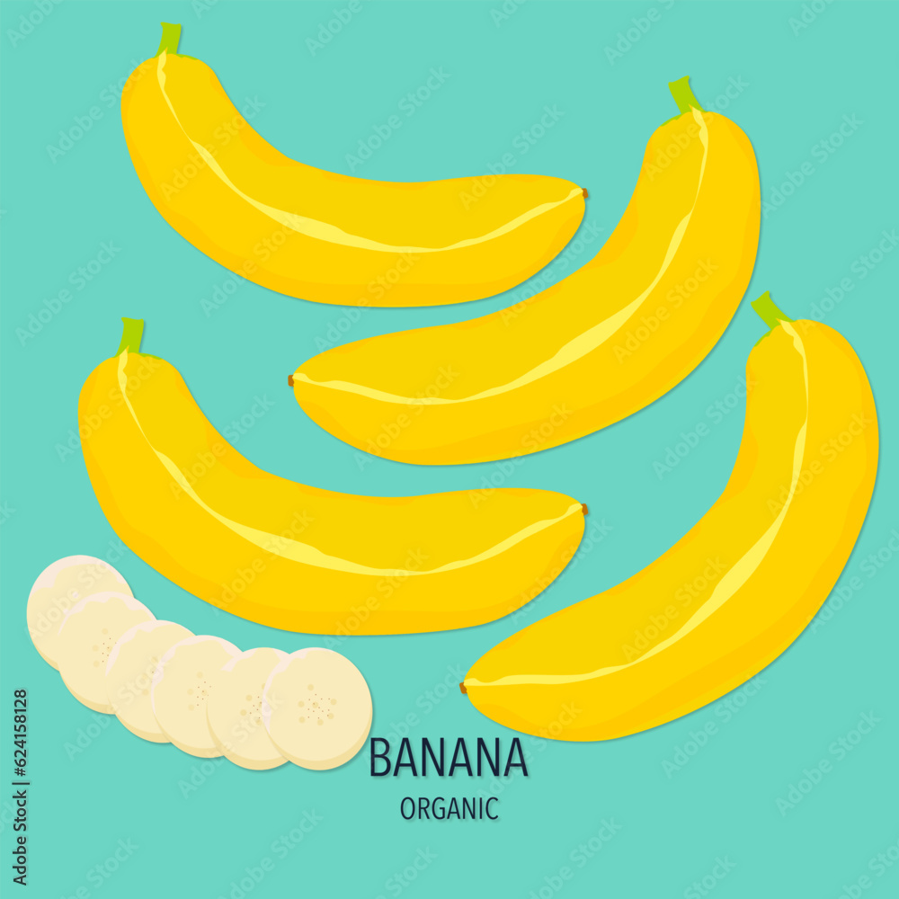 Banana illustration. Banana peels, banana slices, and the yellow fruit ...