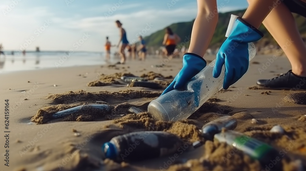 Volunteers in cleaning up nature, Garbage bottles picked up and thrown ...