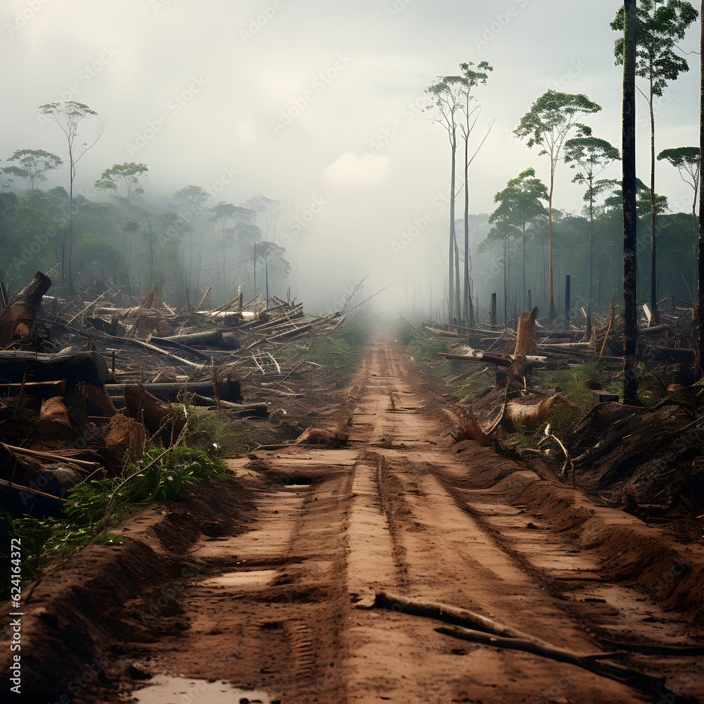 The global problem of deforestation. Large logs after deforestation ...