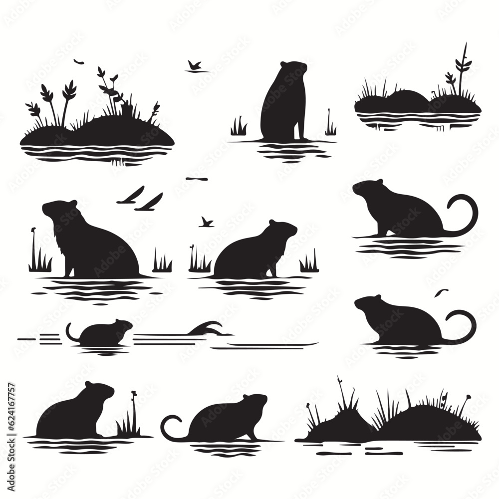 Water Vole silhouettes and icons. Black flat color simple elegant ...