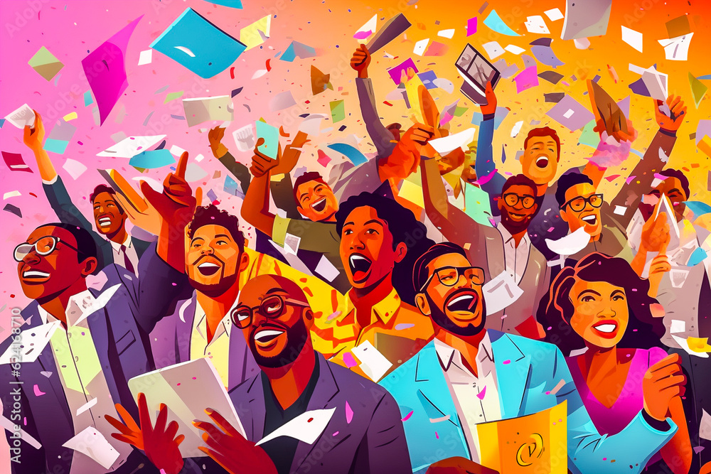 Groupe de personnes contentes levant les bras en l'air et souriant ...