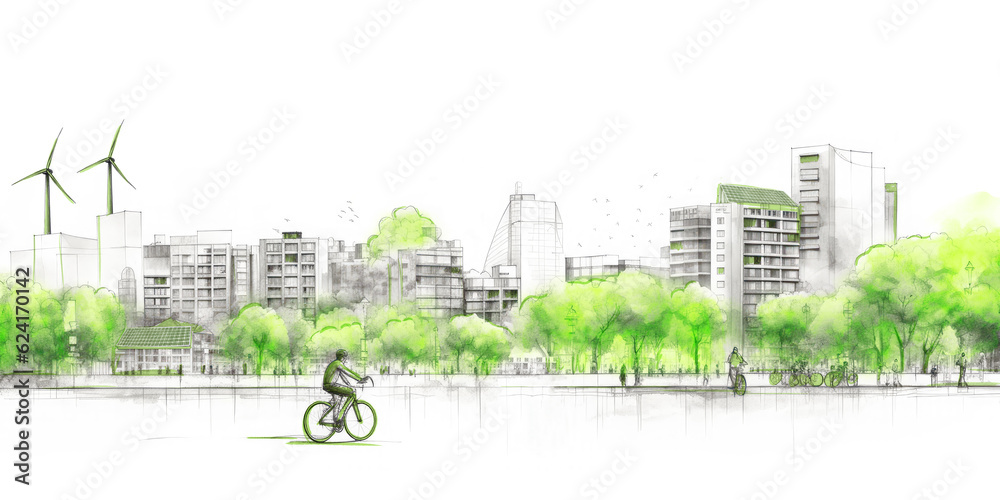 sustainable eco friendly urban city landscape drawing sketch style ...