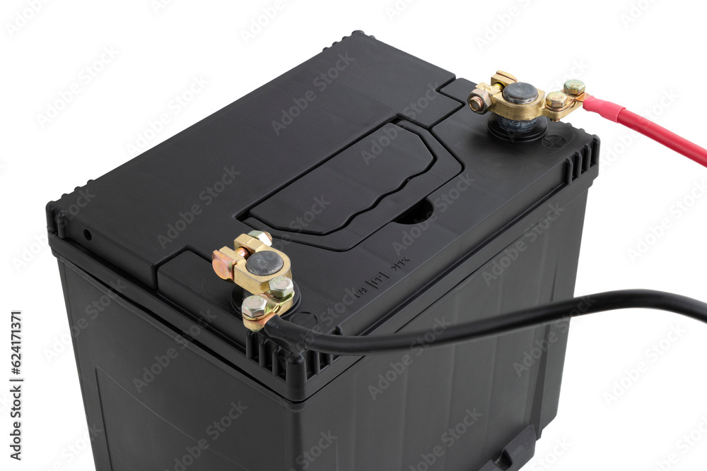 terminals connected to the poles of a car battery on an isolated ...