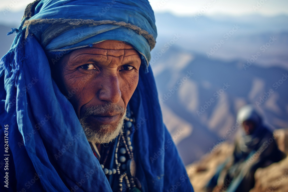 Adult Tuareg man in authentic national blue clothes. Background with ...