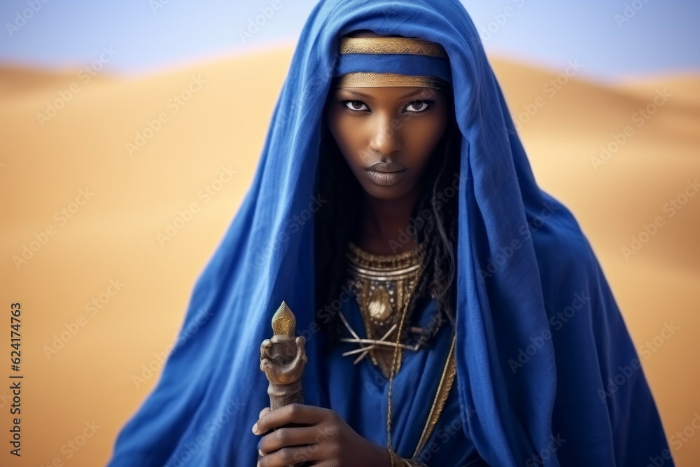 Tuareg woman in authentic national blue dress. Background with ...