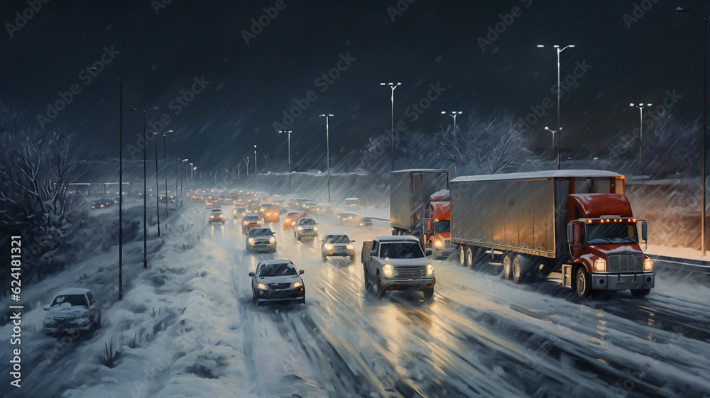 View of highway road during winter at night with cars and trucks ...