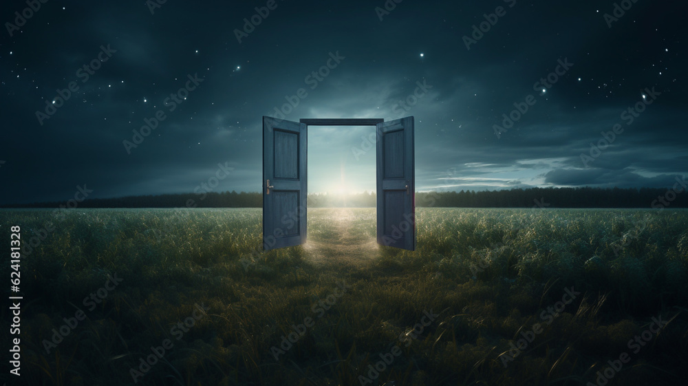 Light shining trough open door in field landscape at night, concept of ...