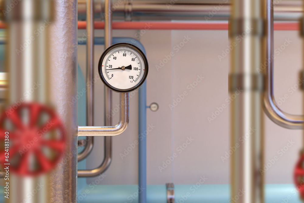 Engineering communication. Pipeline with manometer. Mechanical pressure ...