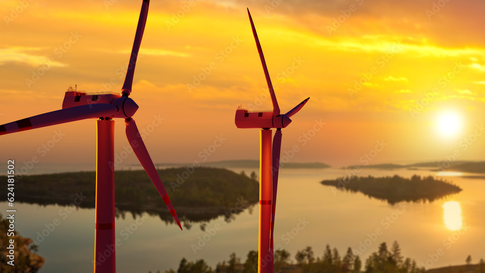 Wind turbines. Windmills at sunset. Offshore power plant. Wind turbines ...