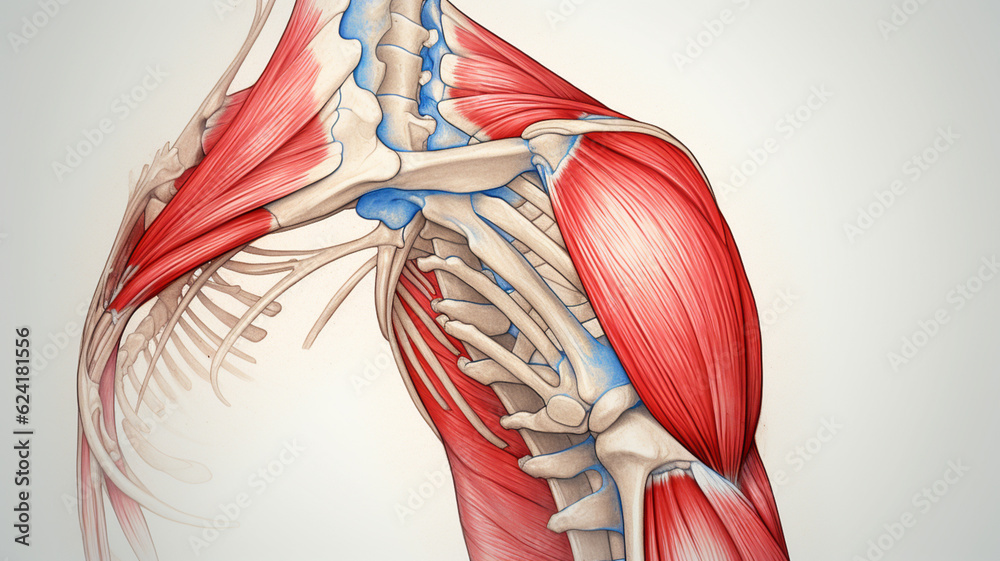 Human male anatomy illustration of shoulders joint, muscles close up ...