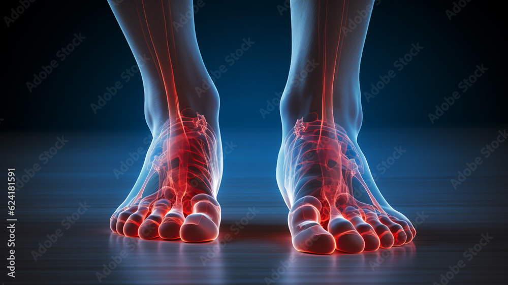 Joint paint or injury in feet and ankles, x-ray style illustration ...