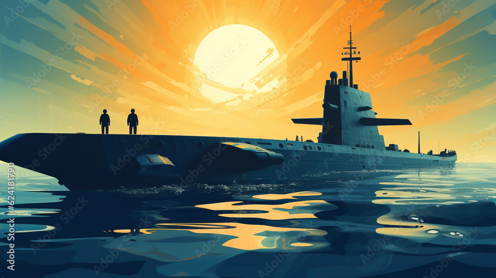Generic military nuclear submarine floating in the middle of the ocean ...