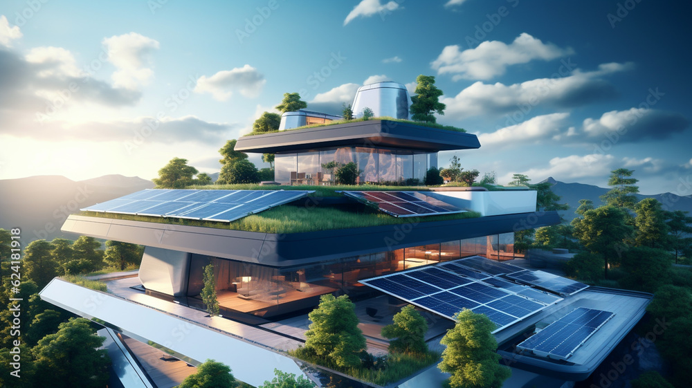 Futuristic generic smart home with solar panels rooftop system for ...