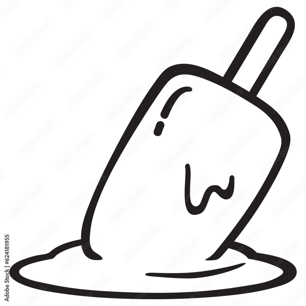 Black single melted popsicle on the floor line icon. Simple falling ...