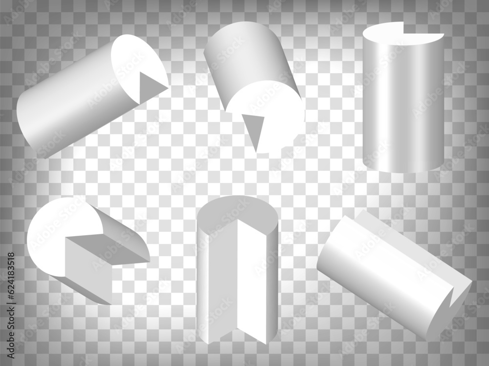 Vecteur Stock Set of perspective projections 3d incomplete cylinders model icons on transparent ...