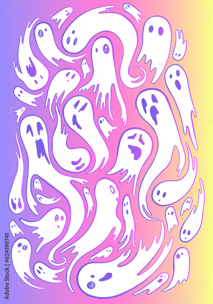 Pastel Goth Halloween Ghosts. Cute ghost characters on rainbow gradient background. Holographic ...